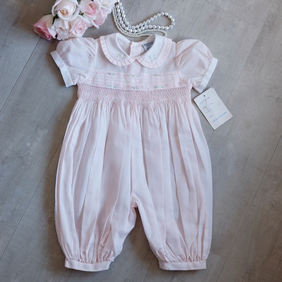 Friedknit Creation (Feltman Brothers) | One Pieces | Baby Girl Smocked Pink Romper Friedknit By ...